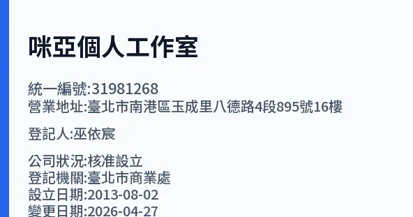 咪亞個人工作室的照片-統編 31981268(臺北市) 公司登記資料與營業項目詳細圖表