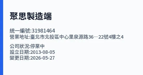 聚思製造端的照片-統編 31981464(臺北市) 公司登記資料與營業項目詳細圖表