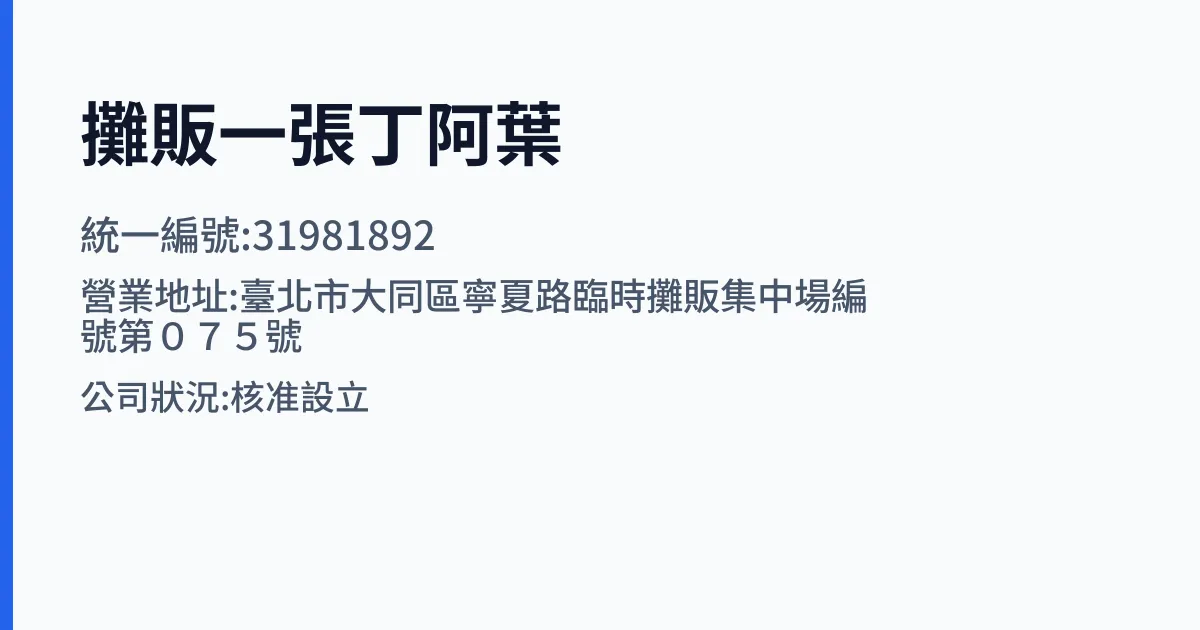 攤販一張丁阿葉 - 統編 31981892(臺北市) 公司登記資料與營業項目詳細圖表