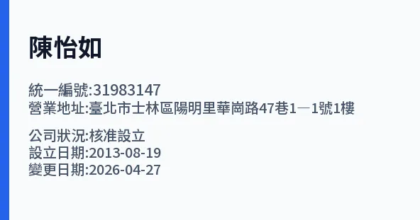 陳怡如的照片-統編 31983147(臺北市) 公司登記資料與營業項目詳細圖表