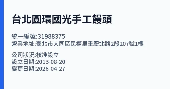 台北圓環國光手工饅頭的照片-統編 31988375(臺北市) 公司登記資料與營業項目詳細圖表