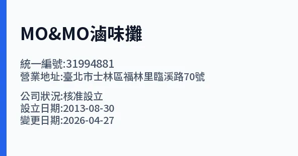 MO&MO滷味攤的照片-統編 31994881(臺北市) 公司登記資料與營業項目詳細圖表