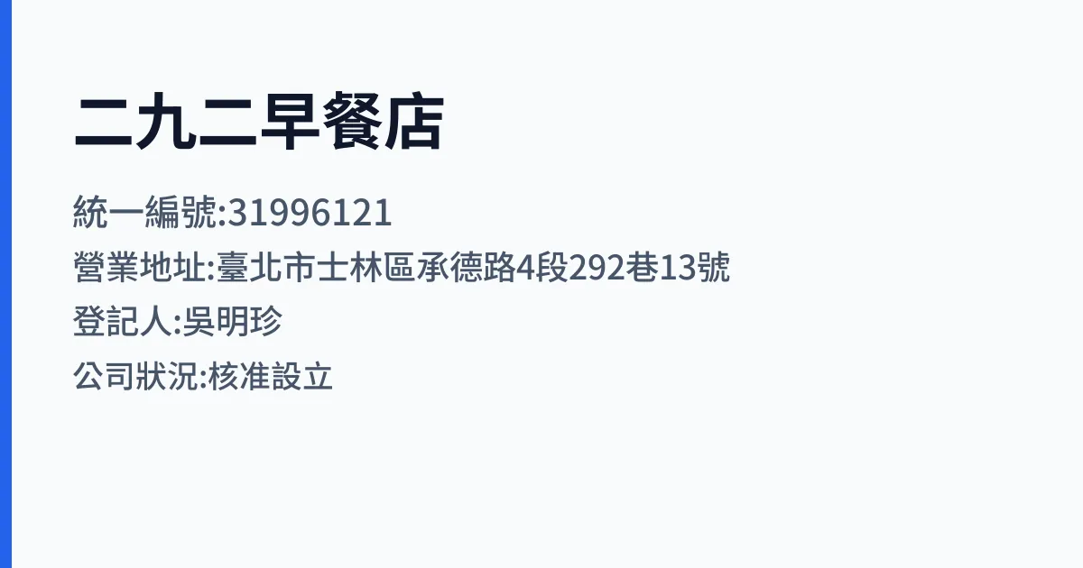 二九二早餐店 - 統編 31996121(臺北市) 公司登記資料與營業項目詳細圖表
