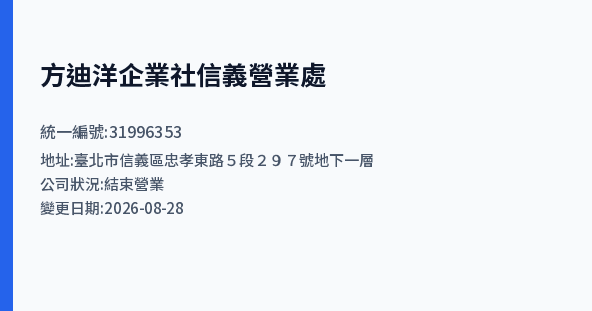 方迪洋企業社信義營業處的照片-統編 31996353(臺北市) 公司登記資料與營業項目詳細圖表