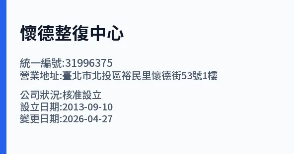 懷德整復中心的照片-統編 31996375(臺北市) 公司登記資料與營業項目詳細圖表