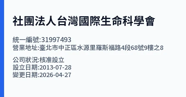 社團法人台灣國際生命科學會的照片-統編 31997493(臺北市) 公司登記資料與營業項目詳細圖表