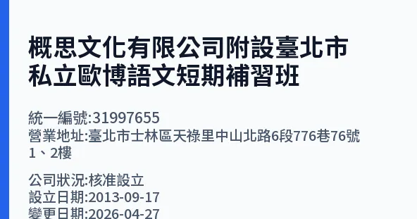 概思文化有限公司附設臺北市私立歐博語文短期補習班的照片-統編 31997655(臺北市) 公司登記資料與營業項目詳細圖表