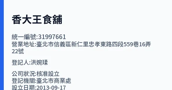 香大王食舖的照片-統編 31997661(臺北市) 公司登記資料與營業項目詳細圖表
