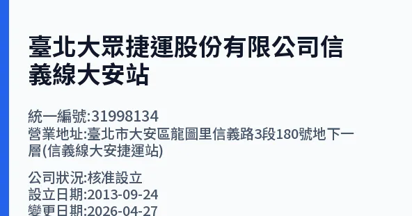 臺北大眾捷運股份有限公司信義線大安站的照片-統編 31998134(臺北市) 公司登記資料與營業項目詳細圖表
