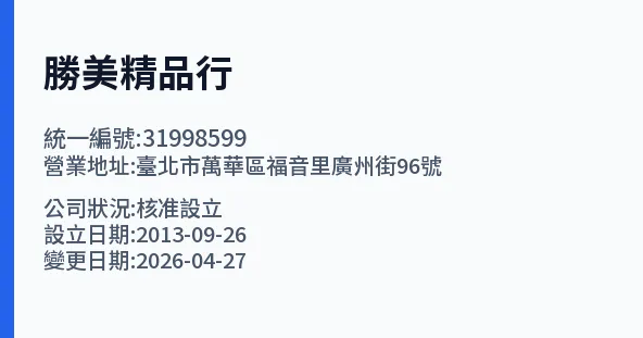 勝美精品行的照片-統編 31998599(臺北市) 公司登記資料與營業項目詳細圖表