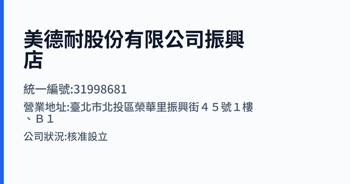 美德耐股份有限公司振興店 - 統編 31998681(臺北市) 公司登記資料與營業項目詳細圖表