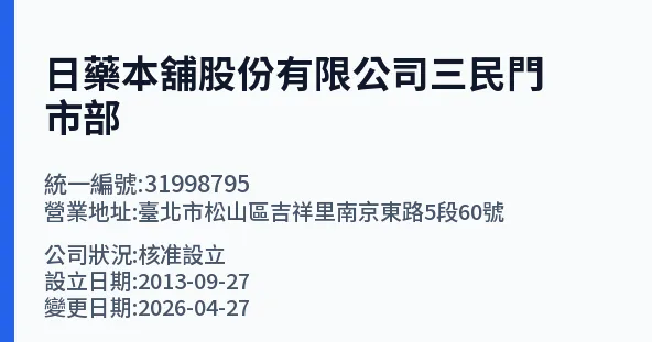 日藥本舖股份有限公司三民門市部的照片-統編 31998795(臺北市) 公司登記資料與營業項目詳細圖表