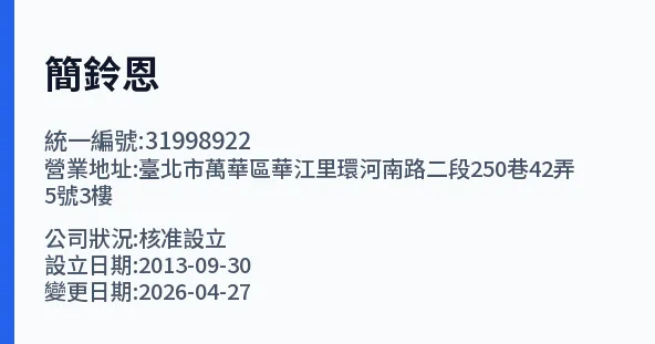 簡鈴恩的照片-統編 31998922(臺北市) 公司登記資料與營業項目詳細圖表