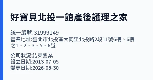 好寶貝北投一館產後護理之家的照片-統編 31999149(臺北市) 公司登記資料與營業項目詳細圖表