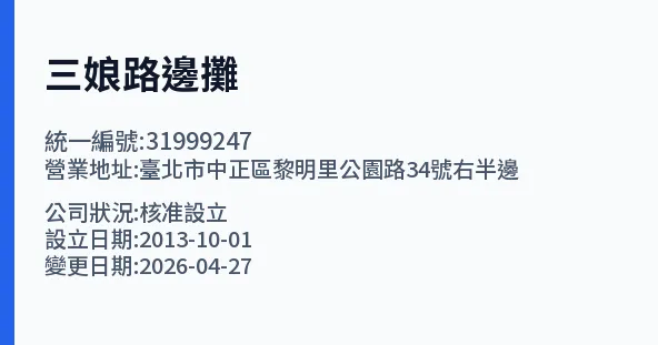 三娘路邊攤的照片-統編 31999247(臺北市) 公司登記資料與營業項目詳細圖表