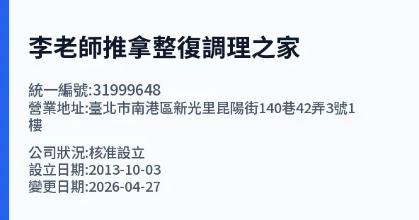 李老師推拿整復調理之家的照片-統編 31999648(臺北市) 公司登記資料與營業項目詳細圖表