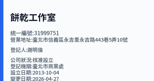 餅乾工作室的照片-統編 31999751(臺北市) 公司登記資料與營業項目詳細圖表