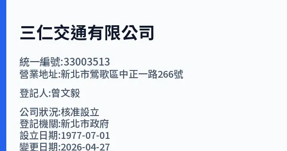 三仁交通有限公司的照片-統編 33003513(新北市) 公司登記資料與營業項目詳細圖表