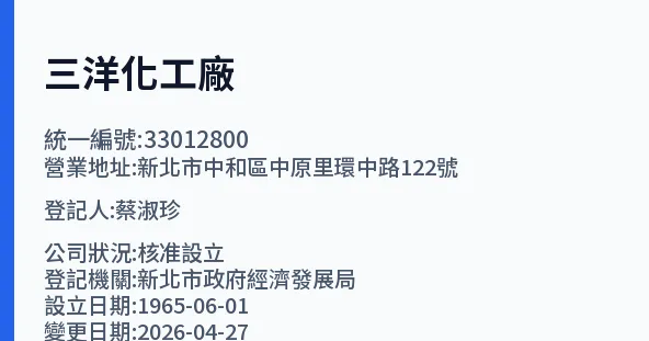 三洋化工廠的照片-統編 33012800(新北市) 公司登記資料與營業項目詳細圖表