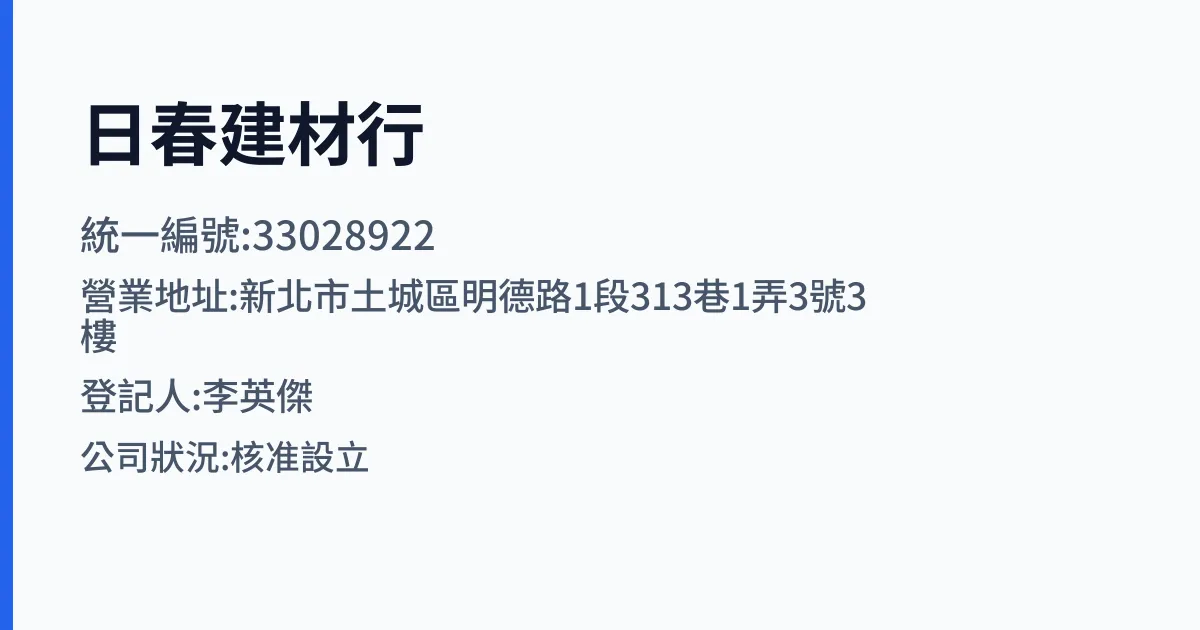 日春建材行 - 統編 33028922(新北市) 公司登記資料與營業項目詳細圖表
