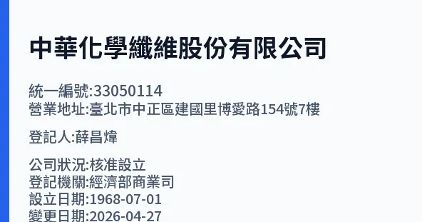 中華化學纖維股份有限公司的照片-統編 33050114(臺北市) 公司登記資料與營業項目詳細圖表