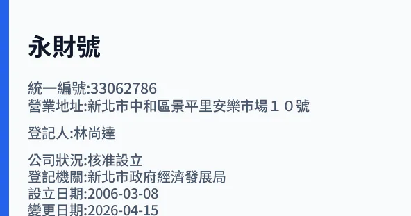 永財號的照片-統編 33062786(新北市) 公司登記資料與營業項目詳細圖表