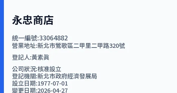 永忠商店的照片-統編 33064882(新北市) 公司登記資料與營業項目詳細圖表