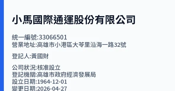 小馬國際通運股份有限公司的照片-統編 33066501(高雄市) 公司登記資料與營業項目詳細圖表