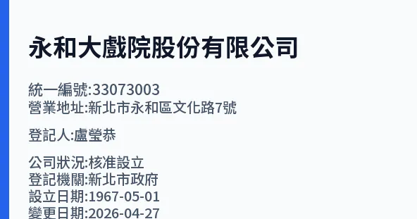 永和大戲院股份有限公司的照片-統編 33073003(新北市) 公司登記資料與營業項目詳細圖表