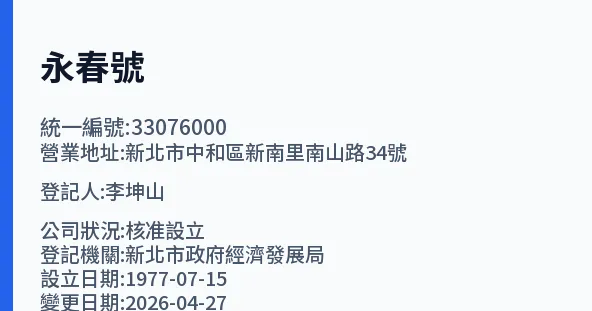 永春號的照片-統編 33076000(新北市) 公司登記資料與營業項目詳細圖表