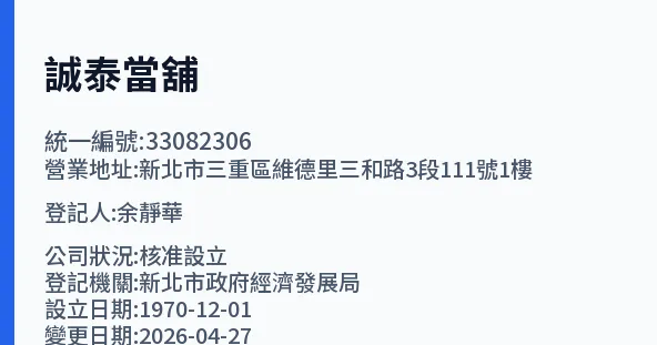 誠泰當舖的照片-統編 33082306(新北市) 公司登記資料與營業項目詳細圖表
