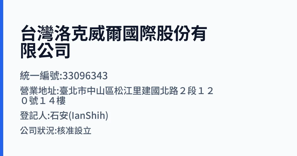 台灣洛克威爾國際股份有限公司 - 統編 33096343(臺北市) 公司登記資料與營業項目詳細圖表