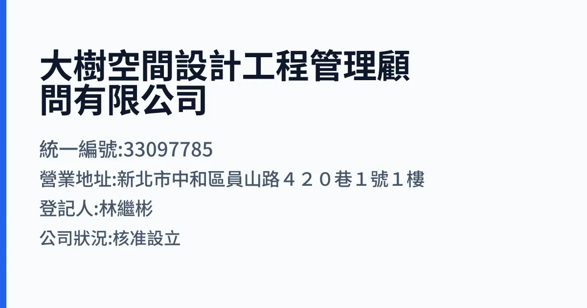 大樹空間設計工程管理顧問有限公司 - 統編 33097785(新北市) 公司登記資料與營業項目詳細圖表