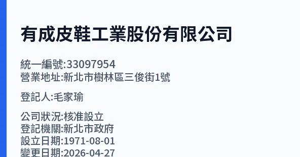 有成皮鞋工業股份有限公司的照片-統編 33097954(新北市) 公司登記資料與營業項目詳細圖表