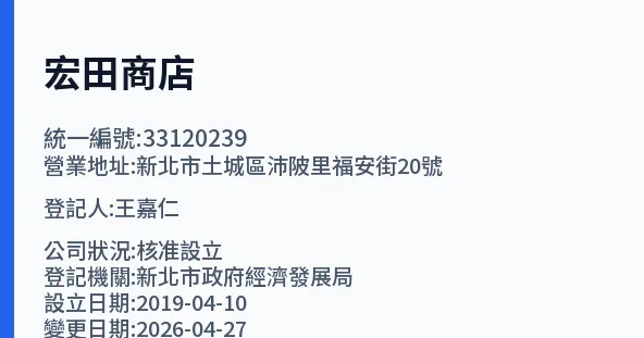 宏田商店的照片-統編 33120239(新北市) 公司登記資料與營業項目詳細圖表