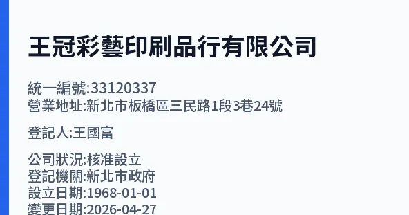 王冠彩藝印刷品行有限公司的照片-統編 33120337(新北市) 公司登記資料與營業項目詳細圖表