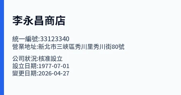 李永昌商店的照片-統編 33123340(新北市) 公司登記資料與營業項目詳細圖表