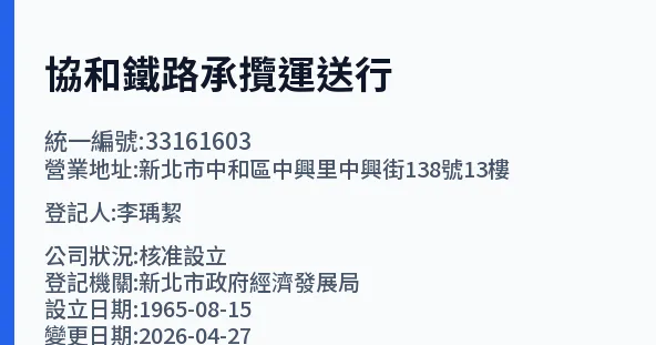 協和鐵路承攬運送行的照片-統編 33161603(新北市) 公司登記資料與營業項目詳細圖表