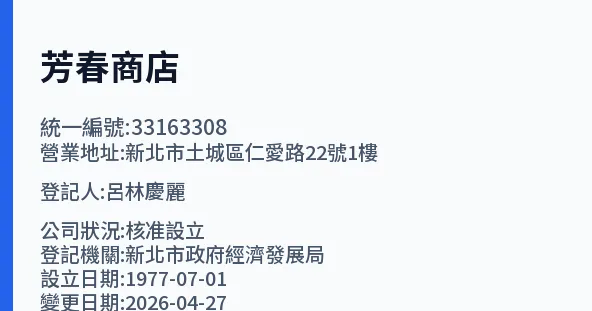 芳春商店的照片-統編 33163308(新北市) 公司登記資料與營業項目詳細圖表