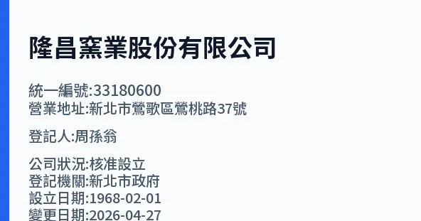 隆昌窯業股份有限公司的照片-統編 33180600(新北市) 公司登記資料與營業項目詳細圖表