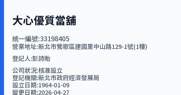 大心優質當舖的照片-統編 33198405(新北市) 公司登記資料與營業項目詳細圖表