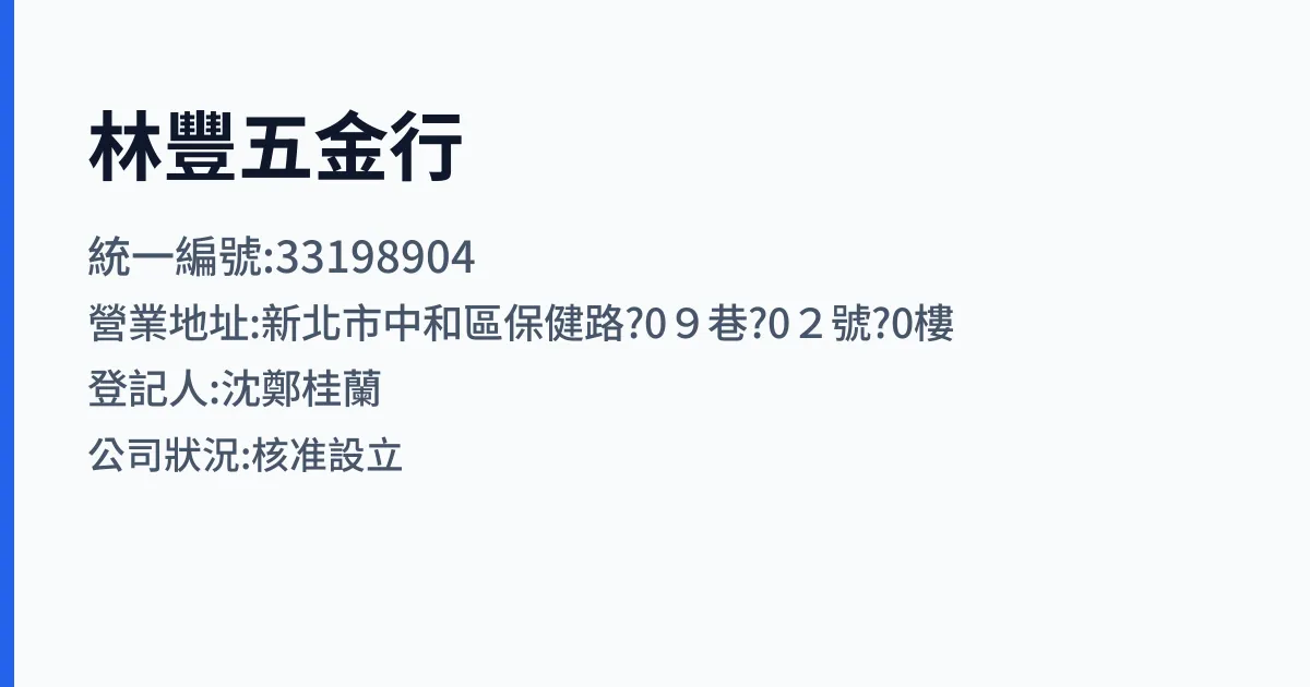 林豐五金行 - 統編 33198904(新北市) 公司登記資料與營業項目詳細圖表