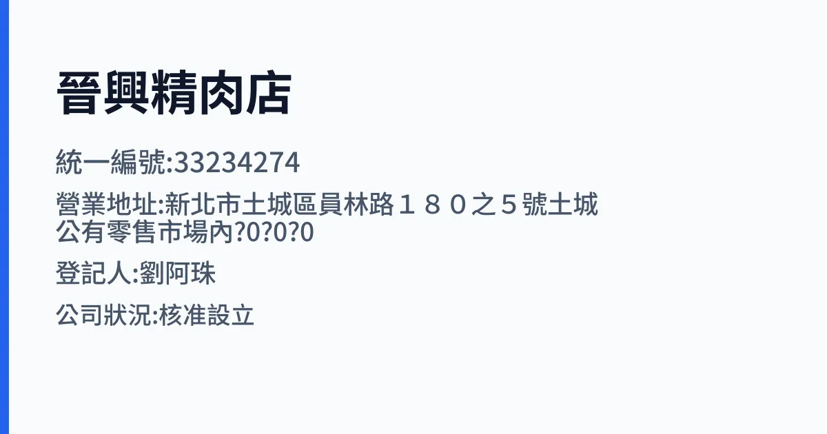 晉興精肉店 - 統編 33234274（新北市） 公司登記資料與營業項目詳細圖表