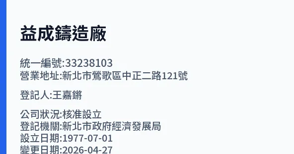 益成鑄造廠的照片-統編 33238103(新北市) 公司登記資料與營業項目詳細圖表