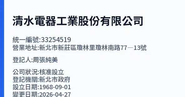 清水電器工業股份有限公司的照片-統編 33254519(新北市) 公司登記資料與營業項目詳細圖表