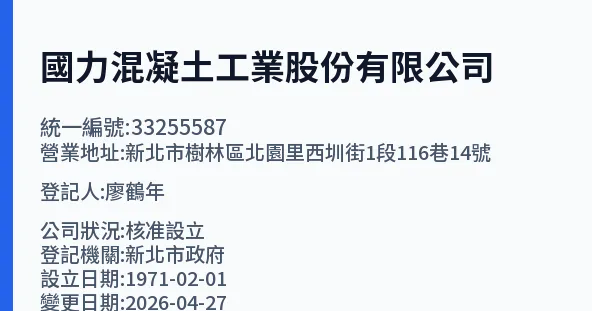 國力混凝土工業股份有限公司的照片-統編 33255587(新北市) 公司登記資料與營業項目詳細圖表