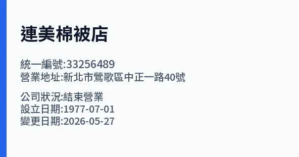 連美棉被店的照片-統編 33256489(新北市) 公司登記資料與營業項目詳細圖表