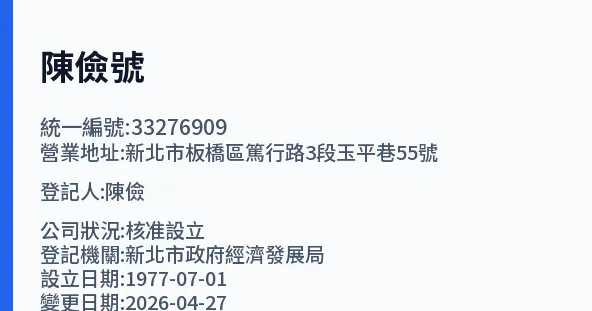 陳儉號的照片-統編 33276909(新北市) 公司登記資料與營業項目詳細圖表