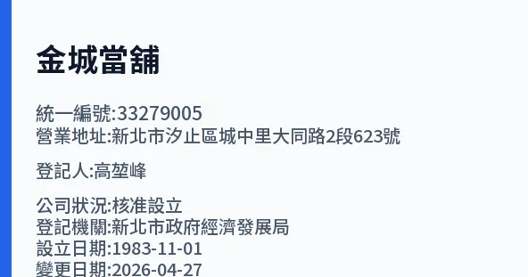 金城當舖的照片-統編 33279005(新北市) 公司登記資料與營業項目詳細圖表