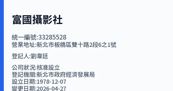 富國攝影社的照片-統編 33285528(新北市) 公司登記資料與營業項目詳細圖表